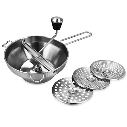 Navaris Stainless Steel Food Mill - Rotary Food Mill Vegetable Strainer Potato Masher Grinder with 3 Milling Discs, 1 Quart Capacity - Dishwasher Safe