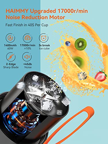 Portable Blender, Haimmy Stainless Steel Personal Blender for Smoothies and Shakes One-handed Fresh Juice Blender Cup USB Charging Mini Blender Ice Crusher for Gym, Travel, Office