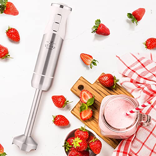 Zulay Kitchen Immersion Blender Handheld 500W - 8 Speed Copper Motor Immersion Hand Blender - Heavy Duty Stick Blender Immersion With Stainless Steel Whisk and Milk Frother Attachments (White)