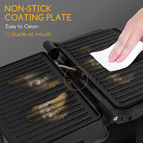 Aigostar Electric Panini Press, 1500W Stainless Steel Sandwich Maker with Adjustable Temperature Setting, Opens 180 Degree Indoor Grill with Non-stick Plates, Removable Drip Tray and Indicator Lights
