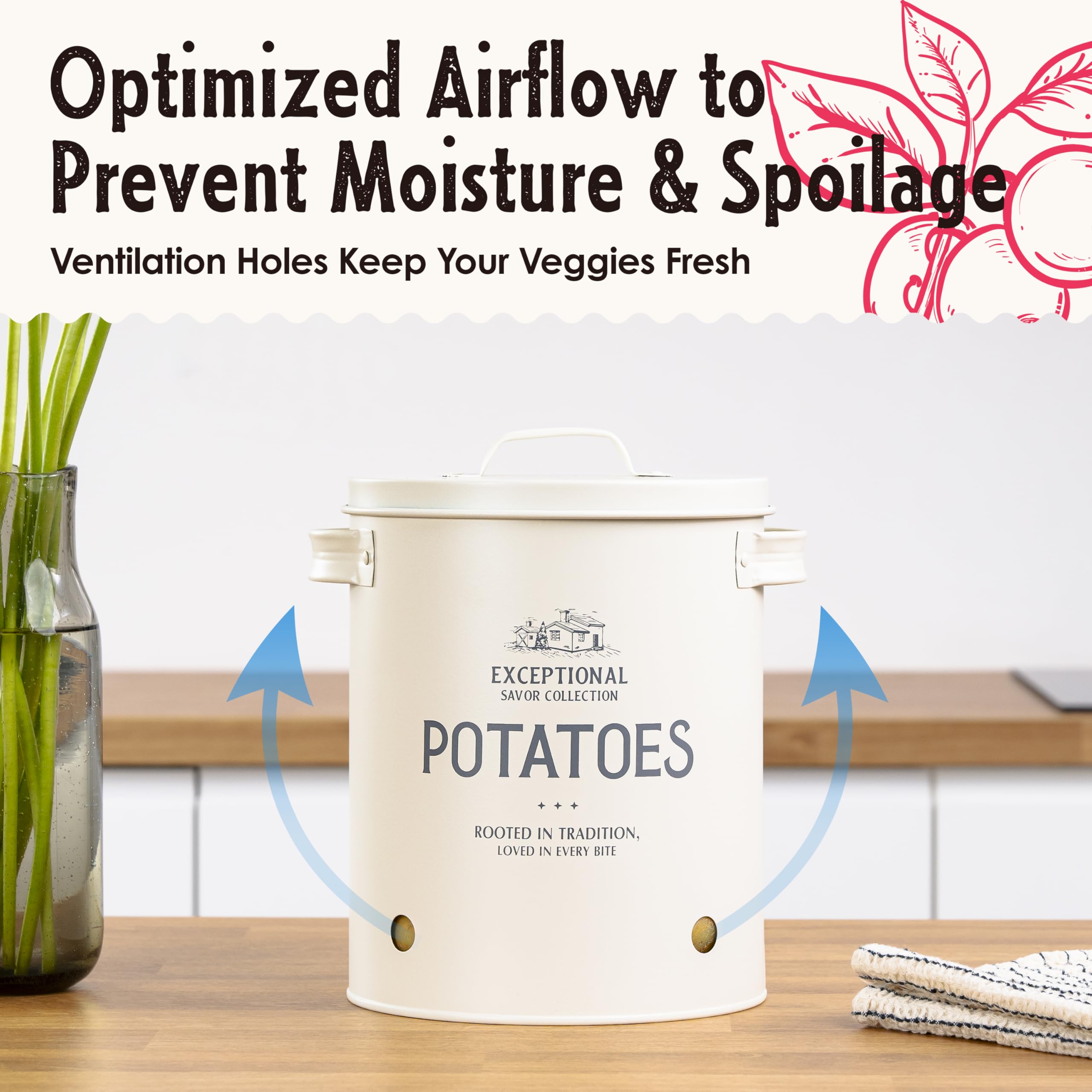 noonberry Potato, Onion & Garlic Storage Bin Set, 3 Metal Kitchen Containers with Ventilation Holes, Matte Alabaster White, Vintage Farmhouse Canisters