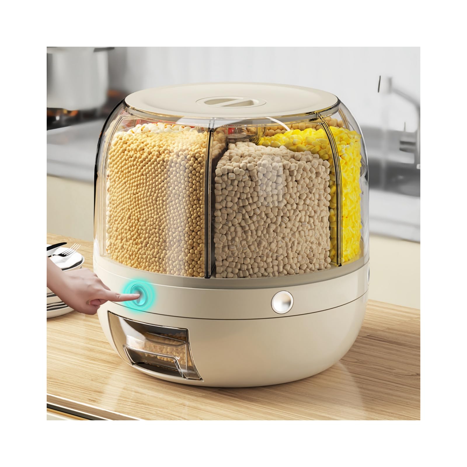 ECLIPSBACI Grain Storage Container Dispenser, rice dispenser rotating, 360° rotating food dispenser One-Click Output rice Storage Round Grain Dispenser Kitchen for Small Grains, Beans, Rice (B)
