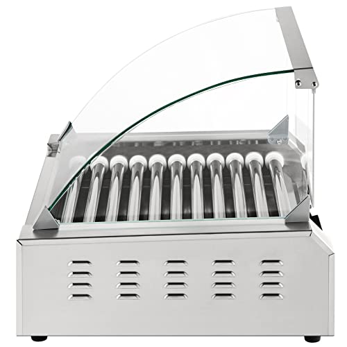 VEVOR Hot Dog Roller, 30 Hot Dog Capacity 11 Rollers, 1800W Stainless Steel Cook Warmer Machine w/Cover & Dual Temp Control, LED Light & Detachable Drip Tray, Sausage Grill Cooker for Kitchen Canteen