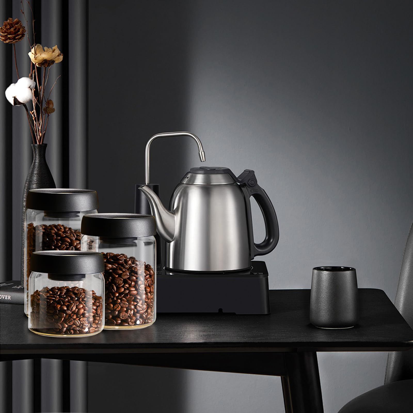 La Llareta 1200ml/42.3oz Vacuum Glass Coffee Storage Jar, Borosilicate Glass Canister, Sealed Container with ABS Lid, for Coffee, Spices, Biscuits