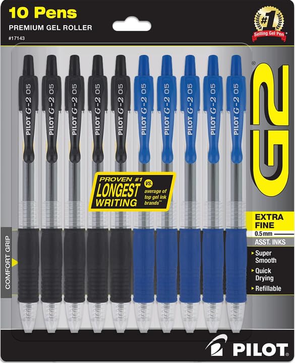 PILOT G2 Pens 0.5 mm - 10 Pack (5 Black and 5 Blue Pens) Premium Gel Ink Pens Extra Fine Point 0.5 mm Refillable & Retractable Rolling Ball,
