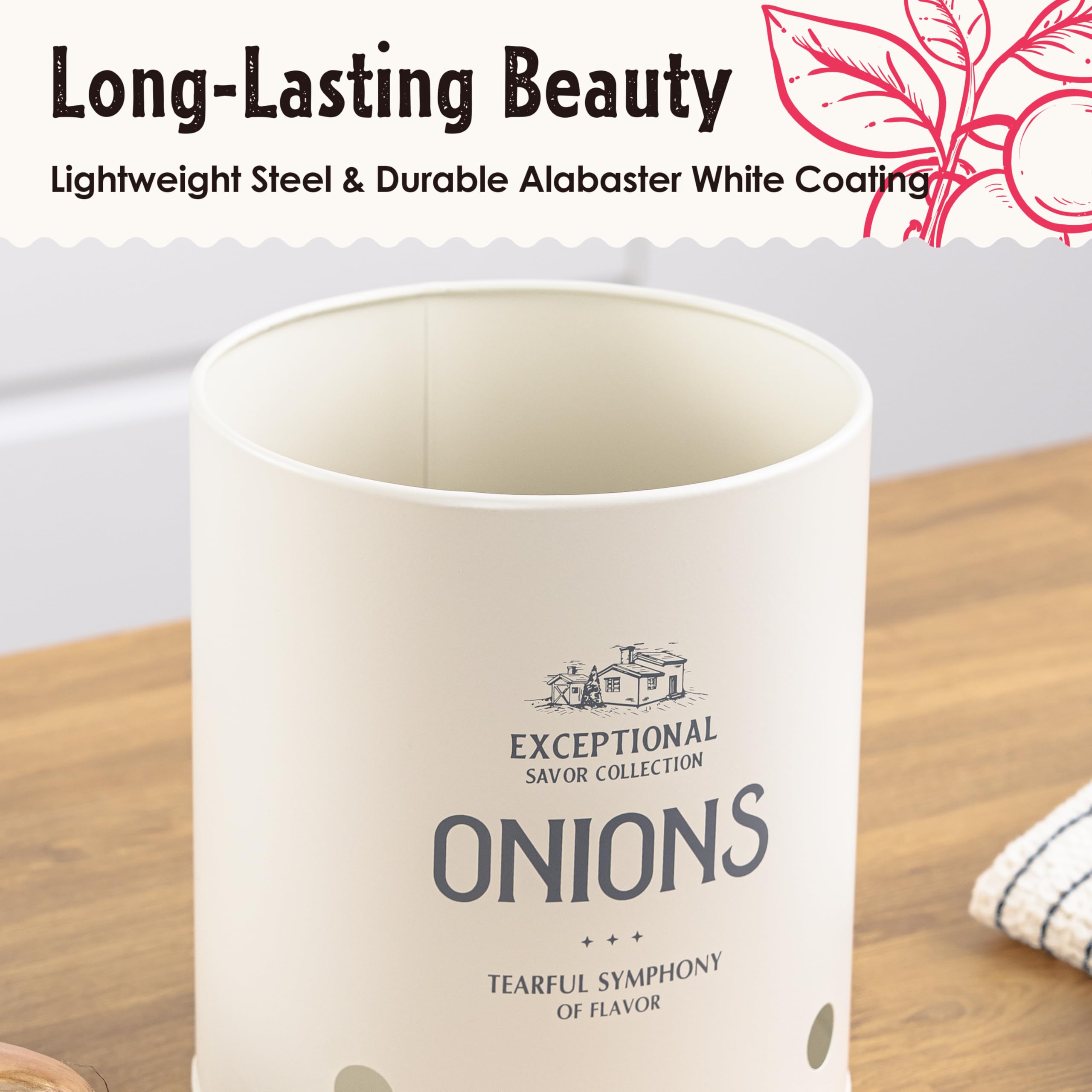 noonberry Potato, Onion & Garlic Storage Bin Set, 3 Metal Kitchen Containers with Ventilation Holes, Matte Alabaster White, Vintage Farmhouse Canisters