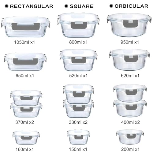 stusgo Glass Food Storage Container Set, Leak Proof Glass Meal Prep Containers Lunch Food Storage with Lids Airtight Storage for Kitchen Organization (grey, 15 pack)