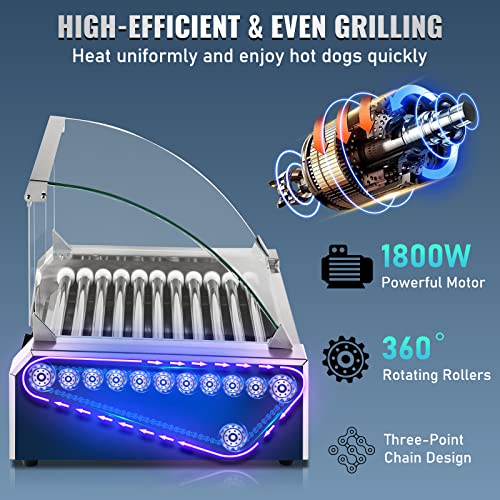 VEVOR Hot Dog Roller, 30 Hot Dog Capacity 11 Rollers, 1800W Stainless Steel Cook Warmer Machine w/Cover & Dual Temp Control, LED Light & Detachable Drip Tray, Sausage Grill Cooker for Kitchen Canteen