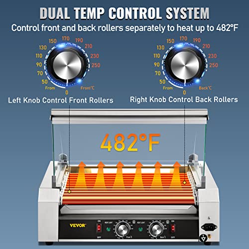 VEVOR Hot Dog Roller, 30 Hot Dog Capacity 11 Rollers, 1800W Stainless Steel Cook Warmer Machine w/Cover & Dual Temp Control, LED Light & Detachable Drip Tray, Sausage Grill Cooker for Kitchen Canteen