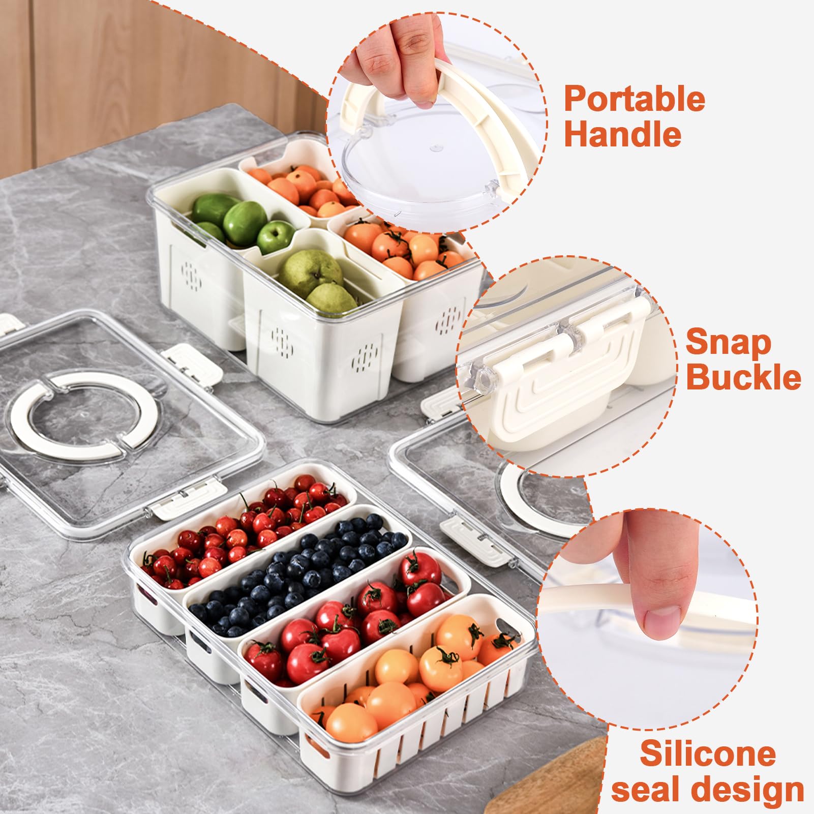 Edovagixa Veggie Tray Snackle Box Container: 4 Compartment Divided Serving Tray with Lid & Handle - Airtight Food Friut Snacks Storage Containers,Snack Box Candy Organizer for Picnic Travel Party