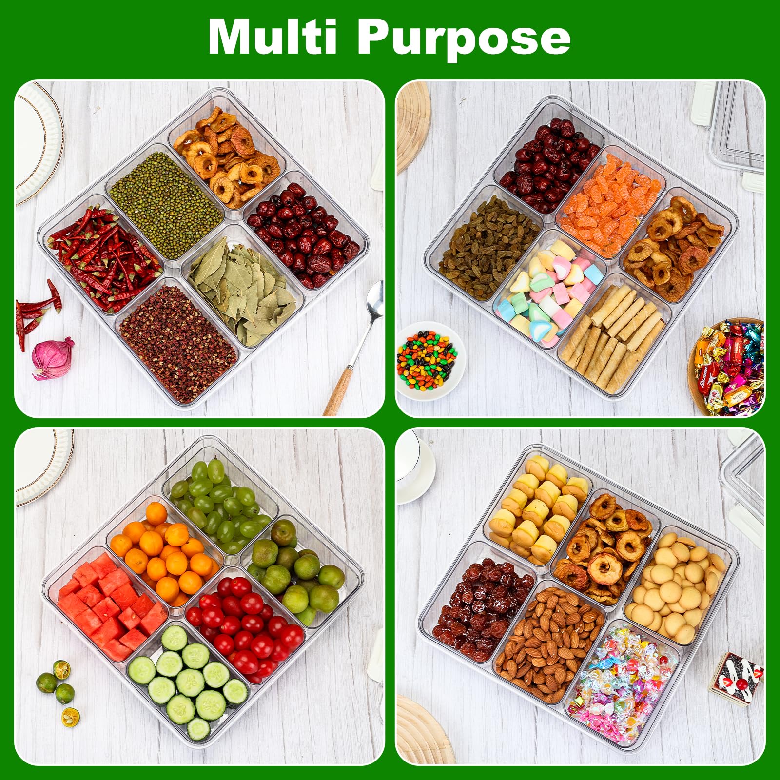 Divided Serving Tray with Lid & Handle, BPA-free Food Storage Container, Snack Box, 6 Compartment Snack Containers, Fruit Storage Containers for Fridge,Storage Organizer For Veggie,Fruit,Candy,Nuts