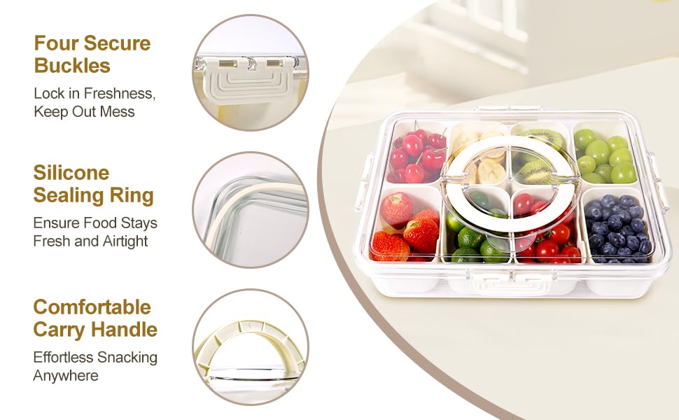 Snack Box Container, Dishwasher Safe Fruit Storage Containers, Divided Serving Tray with Lid for Veggie, Candy and Nuts Organizer, Snackle Charcuterie Boxes for Kids, Adults Travel, Party and Picnic