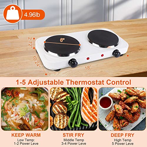 TeqHome Hot Plate, 2000W Portable Induction Cooktop Double Burner with Dual Control & 5 Level Temperature Control, Easy to Clean, Lightweight Cast Iron Electric Stove for Kitchen Camping Cooking, 110V