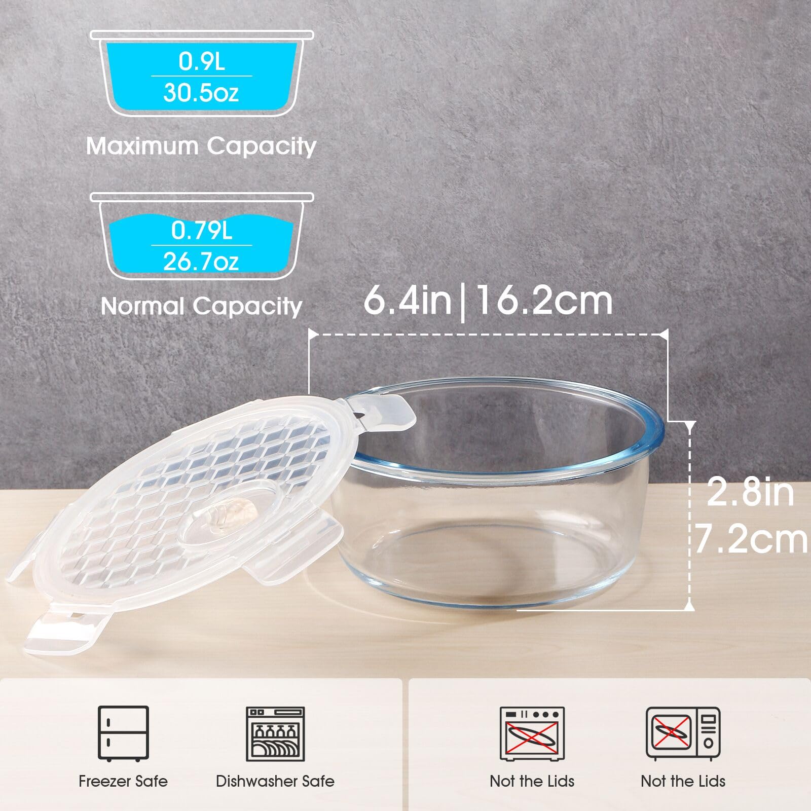 NUTRIUPS 0.9L/30 Oz Glass Food Storage Container, Small Food Storage Container with Leakproof Airtight Lids, Meal Prep Containters -Microwave Safe & Oven Safe (NOT THE LIDS)-Round