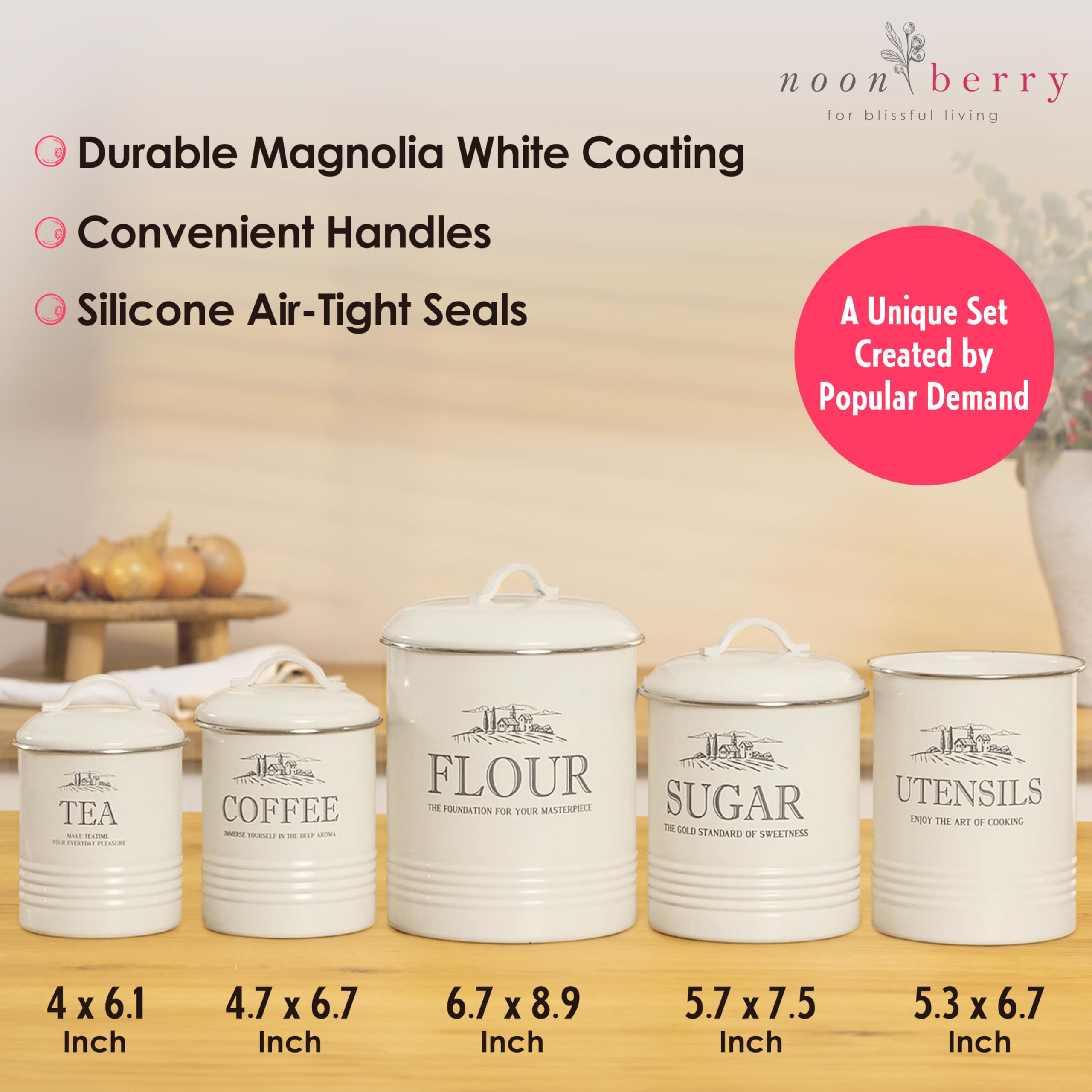 noonberry Set of 5 Canisters for Kitchen Counter, White Containers, Airtight Coffee Tea Flour Sugar Canisters Set & Utensil Holder for the Kitchen Countertop
