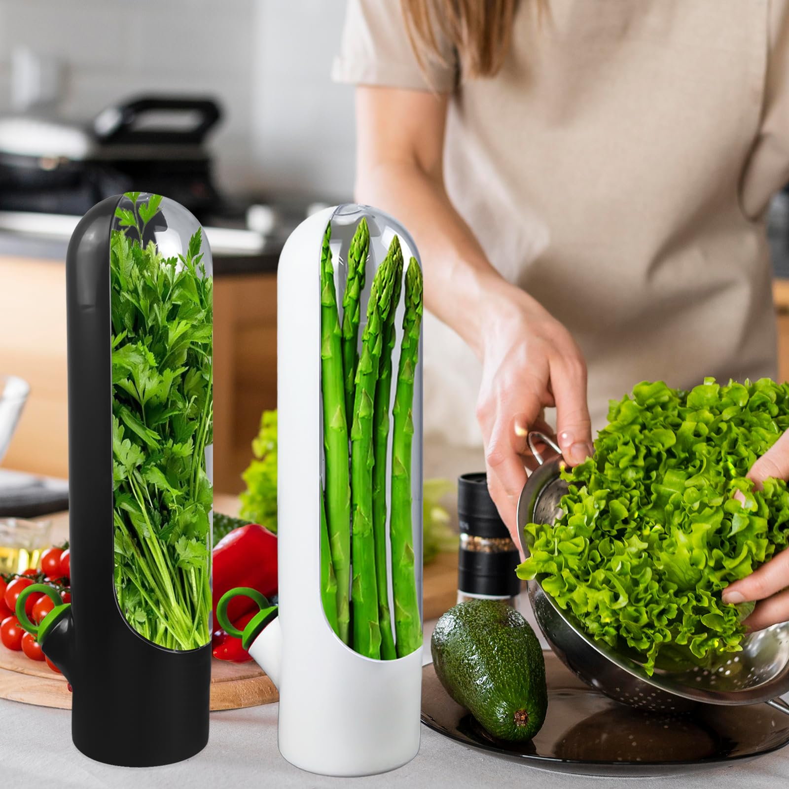 woodounai 2 Pcs Herb Saver for Refrigerator Cilantro Container for Fridge Fresh Herb Keeper Herb Storage Fridge Organizer for Cilantro Mint Parsley Asparagus Vegetables Fruit (White & Black)
