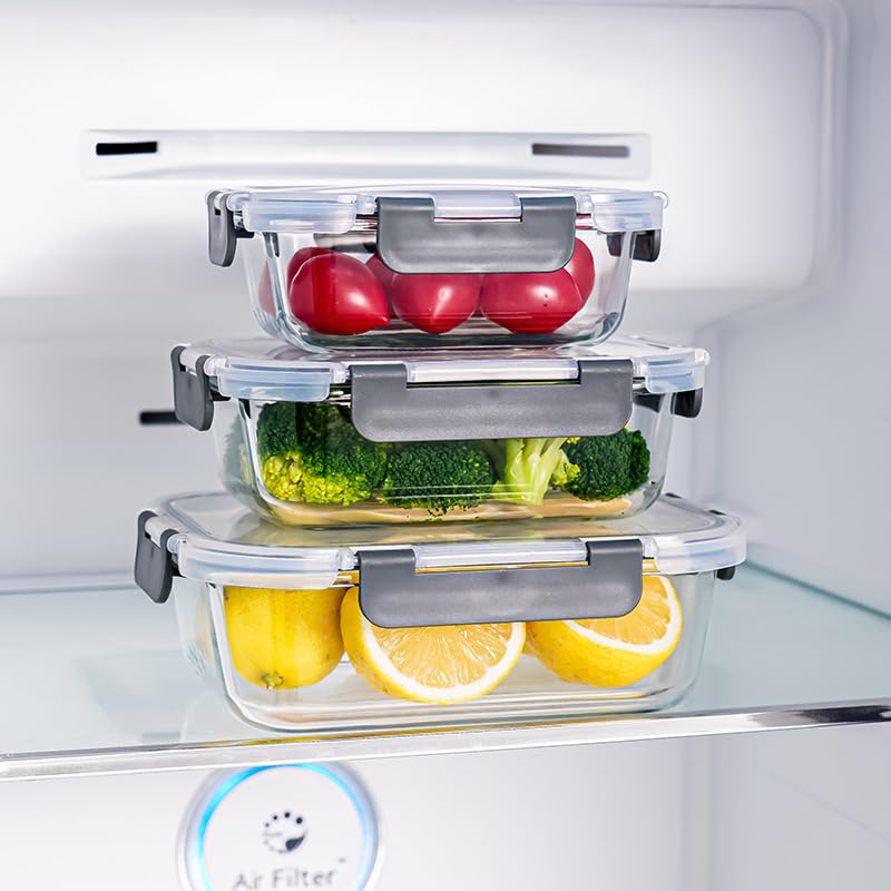 stusgo Glass Food Storage Container Set, Leak Proof Glass Meal Prep Containers Lunch Food Storage with Lids Airtight Storage for Kitchen Organization (grey, 15 pack)
