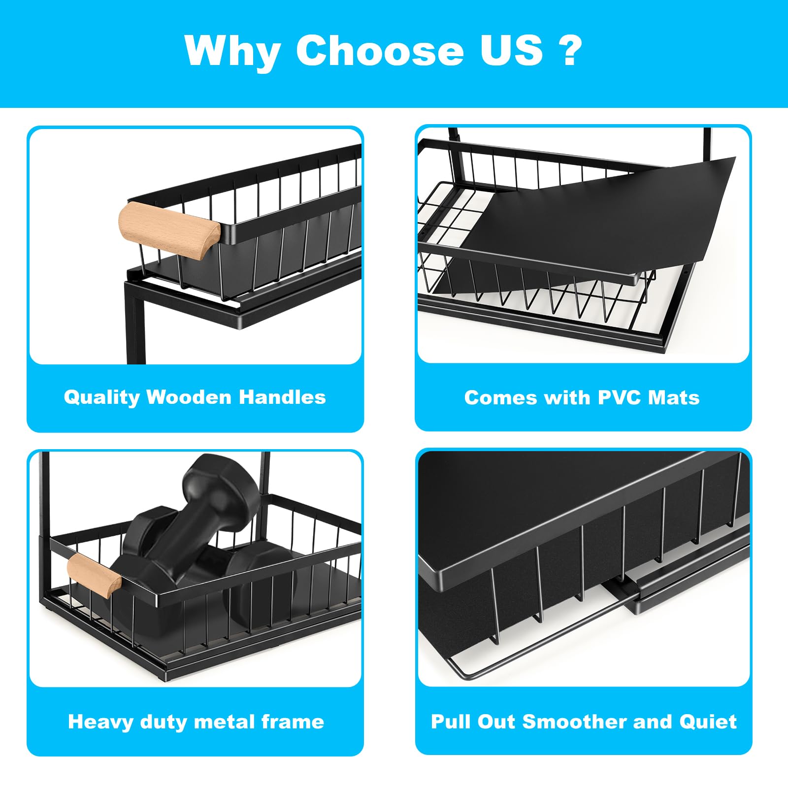 Under Sink Organizers, 2 Tier Pull Out Organizer and Storage, Upgraded Metal Storage Shelves with Sliding Basket, Cabinet or Countertop Organizer for Kitchen Bathroom (1 PC)