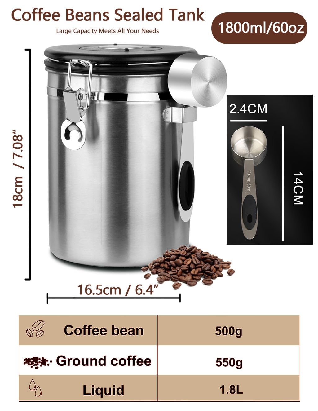 Coffee Canister Airtight Storage Container 1.8L Stainless Steel Air Tight Coffee Jar with Scoop, Date Tracker CO2 Release Valve for Dry Food, Beans, Ground, Tea, Flour, Cereal and Sugar (Silver)
