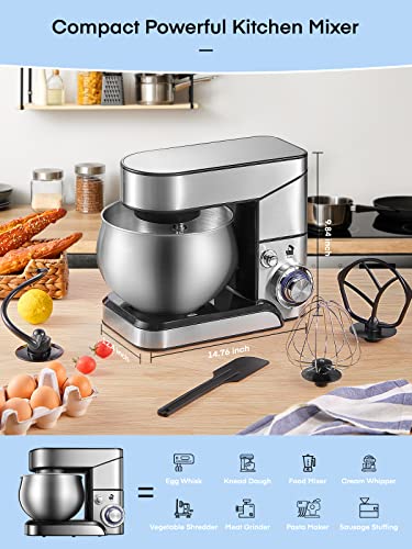 Stand Mixer FOHERE, 6-Speed Stainless Steel Mixer with Dough Hook, Mixing Beater, Wire Whip, Dishwasher-safe, Tilt-Head Kitchen Dough Mixers for Cake, 5.8 QT Electric Home Cooking Kitchen Mixer