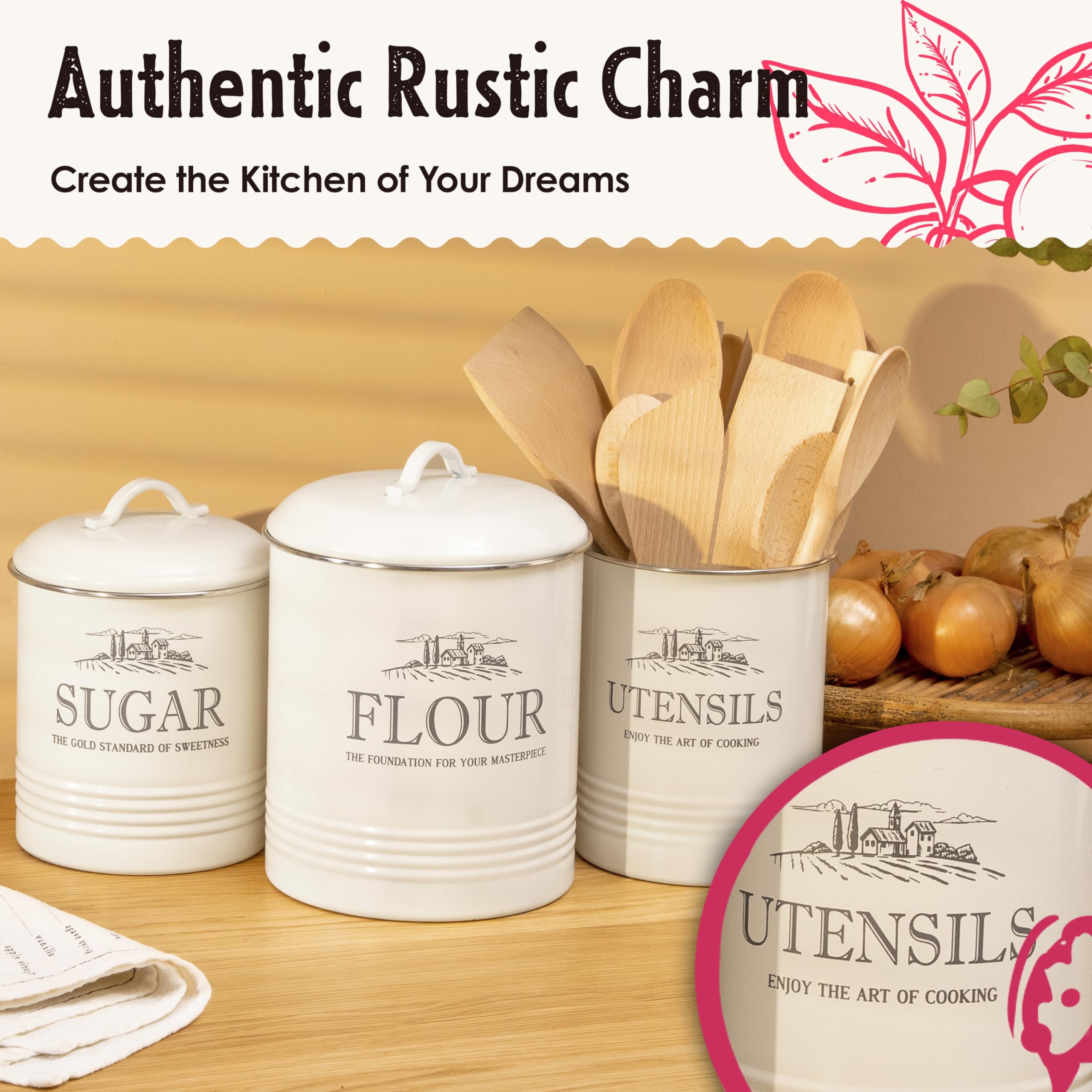noonberry Set of 5 Canisters for Kitchen Counter, White Containers, Airtight Coffee Tea Flour Sugar Canisters Set & Utensil Holder for the Kitchen Countertop