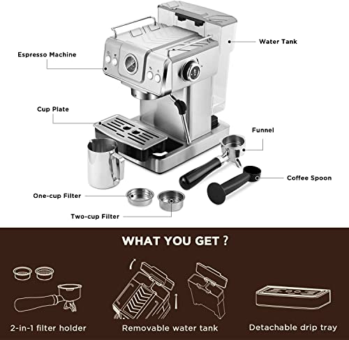 Neretva 20 Bar Espresso Machine, Expresso Coffee Machine With Milk Foaming Steam Wand, Espresso Latter and Cappuccino Maker, 1.8L Water Tank, For Home Barista