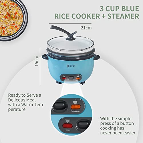 ICOOK 3-Cup Uncooked 6-Cup Cooked Blue Rice Cooker 0.6L Grains,Oatmeal,Cereals Cooker,Rice Warmer Steamer,Small Mini Rice Cooker,Removable Nonstick Pot,Full View Glass Lid,Blue