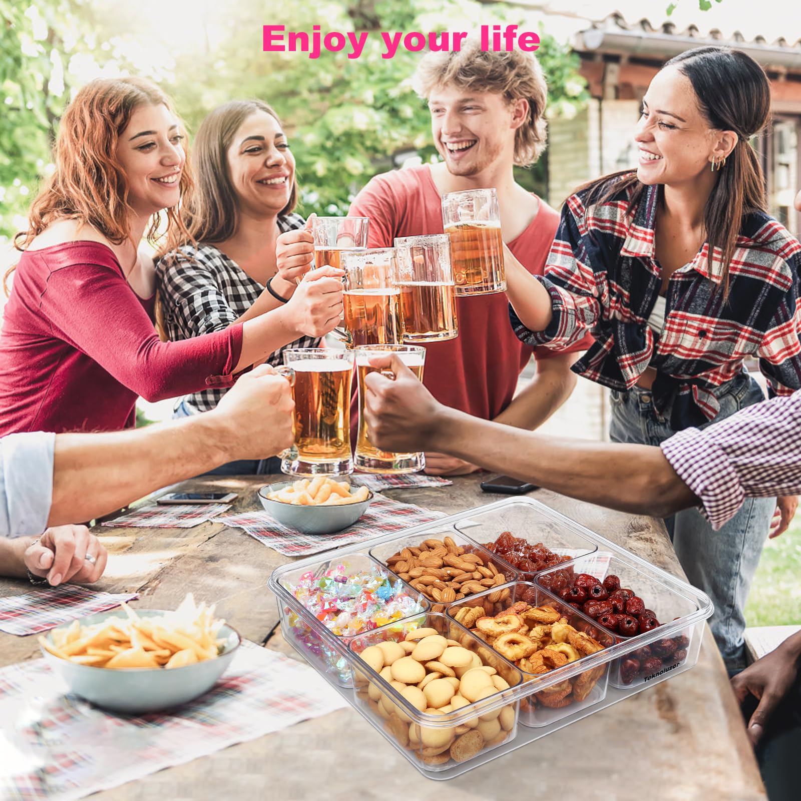Divided Serving Tray with Lid & Handle, BPA-free Food Storage Container, Snack Box, 6 Compartment Snack Containers, Fruit Storage Containers for Fridge,Storage Organizer For Veggie,Fruit,Candy,Nuts