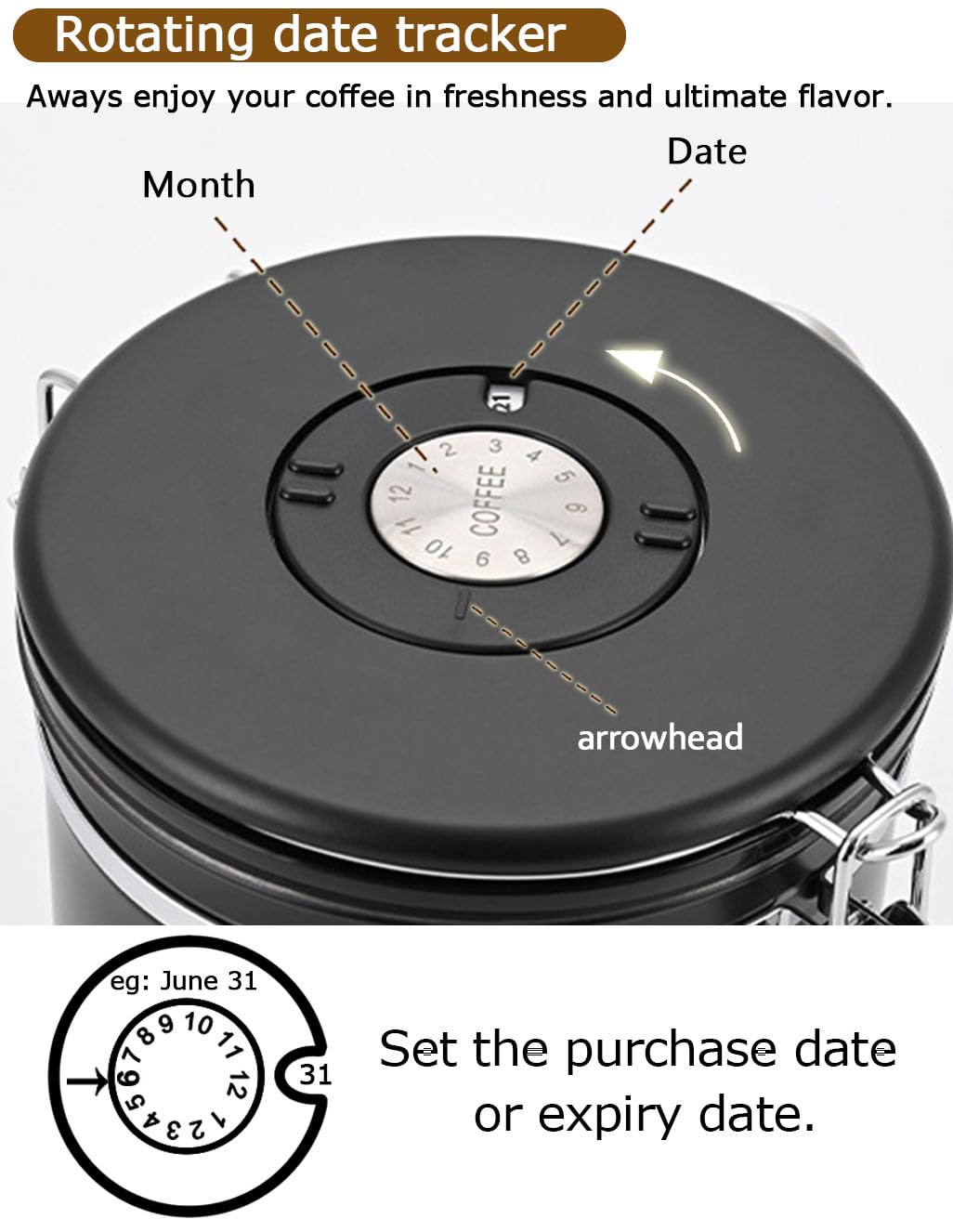 Coffee Canister Airtight Storage Container 1.8L Stainless Steel Air Tight Coffee Jar with Scoop, Date Tracker CO2 Release Valve for Dry Food, Beans, Ground, Tea, Flour, Cereal and Sugar (Silver)