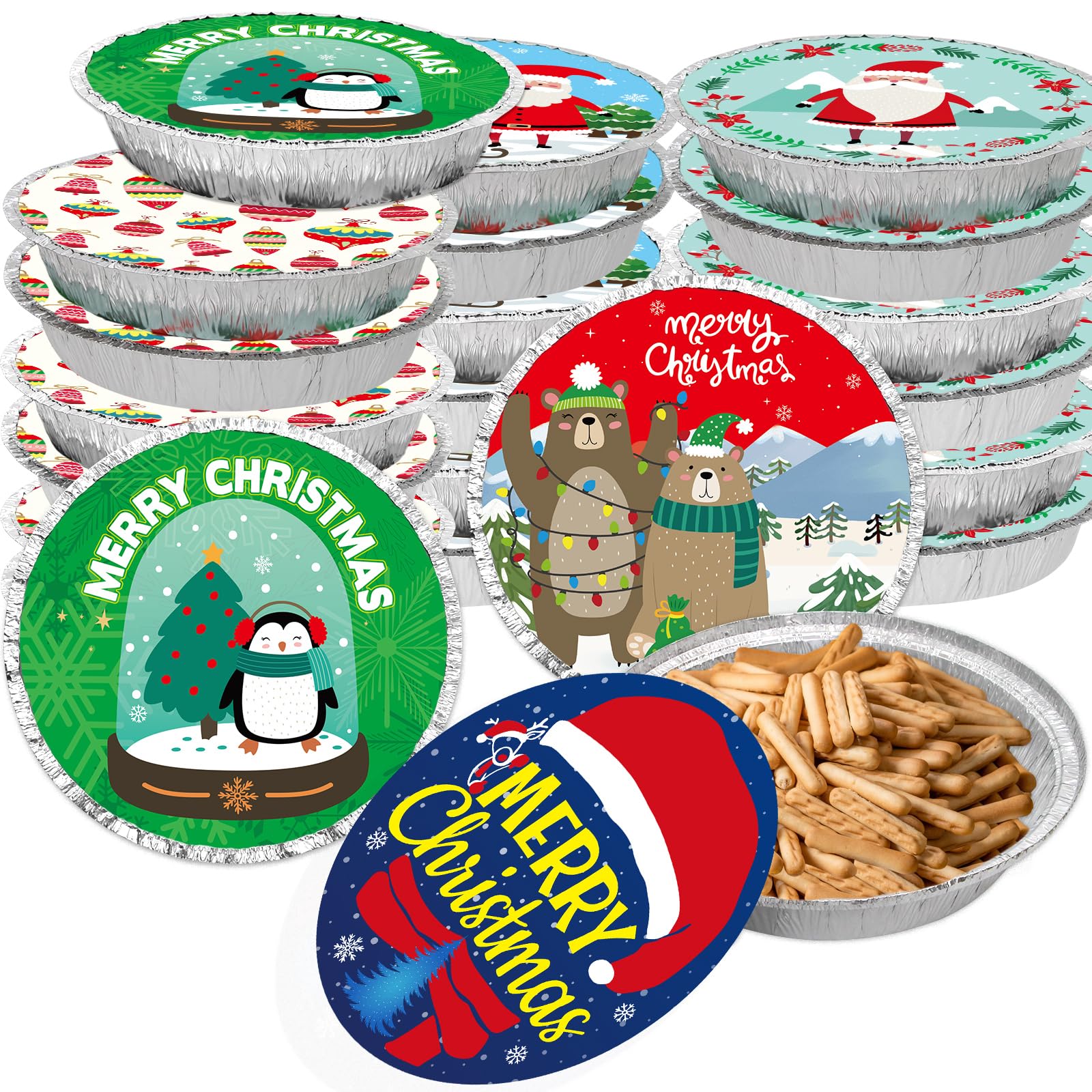 WorldBazaar Christmas Aluminum Food Containers with Lids 36PCS Christmas Disposable Lefover Containers Round Holiday Foil Tins Food Storage Pan Christmas Party Supplies