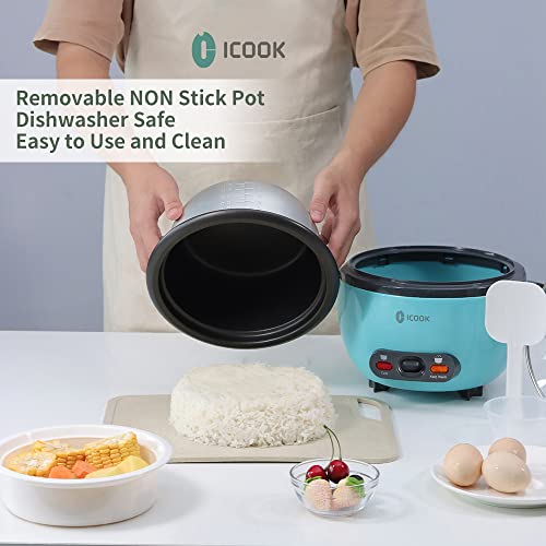 ICOOK 3-Cup Uncooked 6-Cup Cooked Blue Rice Cooker 0.6L Grains,Oatmeal,Cereals Cooker,Rice Warmer Steamer,Small Mini Rice Cooker,Removable Nonstick Pot,Full View Glass Lid,Blue