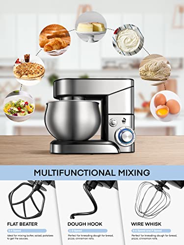 Stand Mixer FOHERE, 6-Speed Stainless Steel Mixer with Dough Hook, Mixing Beater, Wire Whip, Dishwasher-safe, Tilt-Head Kitchen Dough Mixers for Cake, 5.8 QT Electric Home Cooking Kitchen Mixer