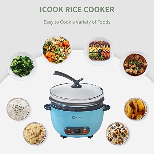ICOOK 3-Cup Uncooked 6-Cup Cooked Blue Rice Cooker 0.6L Grains,Oatmeal,Cereals Cooker,Rice Warmer Steamer,Small Mini Rice Cooker,Removable Nonstick Pot,Full View Glass Lid,Blue