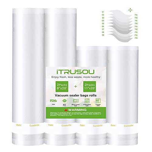 Vacuum Sealer Bags for Food - ITRUSOU 9-Layer Seal a Meal Bags with BPA Free, 4 Rolls 8"&11" Heavy Duty Vacuum Seal Bags for Food Saver or Sous Vide Meal Prep Bags