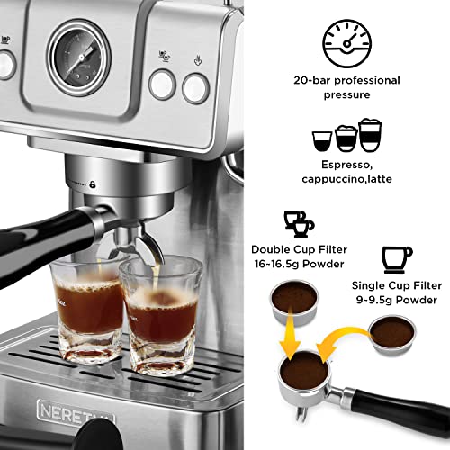 Neretva 20 Bar Espresso Machine, Expresso Coffee Machine With Milk Foaming Steam Wand, Espresso Latter and Cappuccino Maker, 1.8L Water Tank, For Home Barista