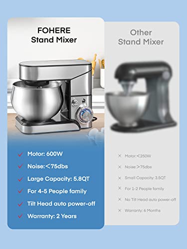 Stand Mixer FOHERE, 6-Speed Stainless Steel Mixer with Dough Hook, Mixing Beater, Wire Whip, Dishwasher-safe, Tilt-Head Kitchen Dough Mixers for Cake, 5.8 QT Electric Home Cooking Kitchen Mixer