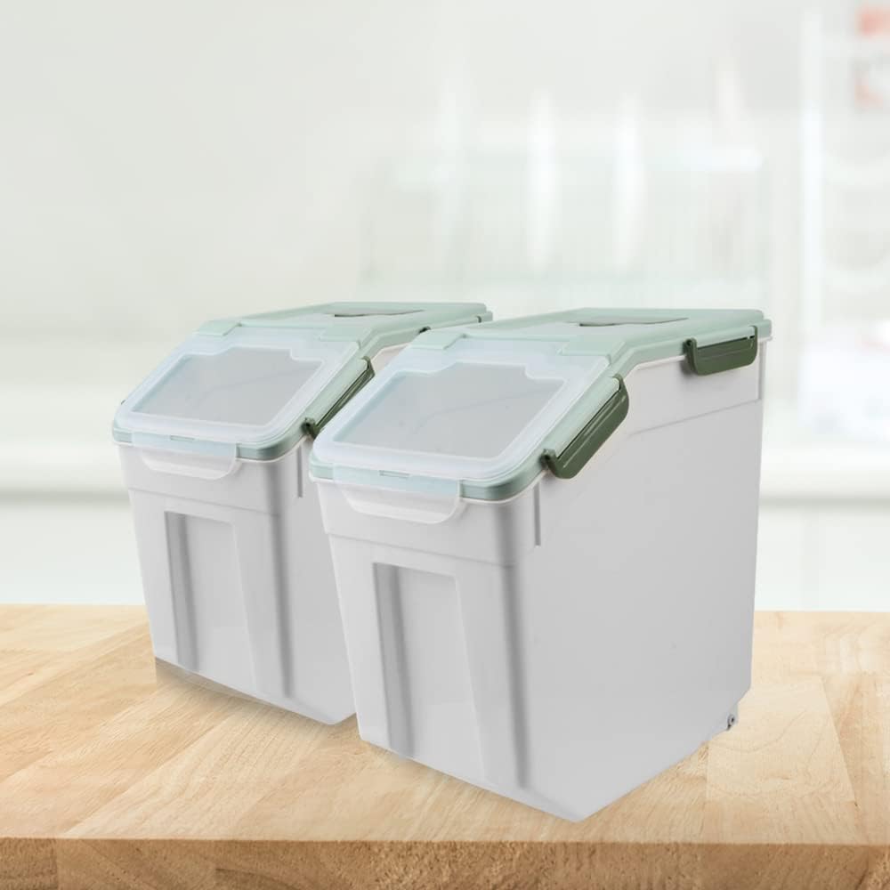 Saim Flour Storage Containers 25 lbs, 4Pack Airtight Rice Storage Containers with Wheels, Plastic Rice Dispenser with Measuring Cup, Scoop for Flour, Rice, Grain, Cereal, Pet Food Organizer (Green)