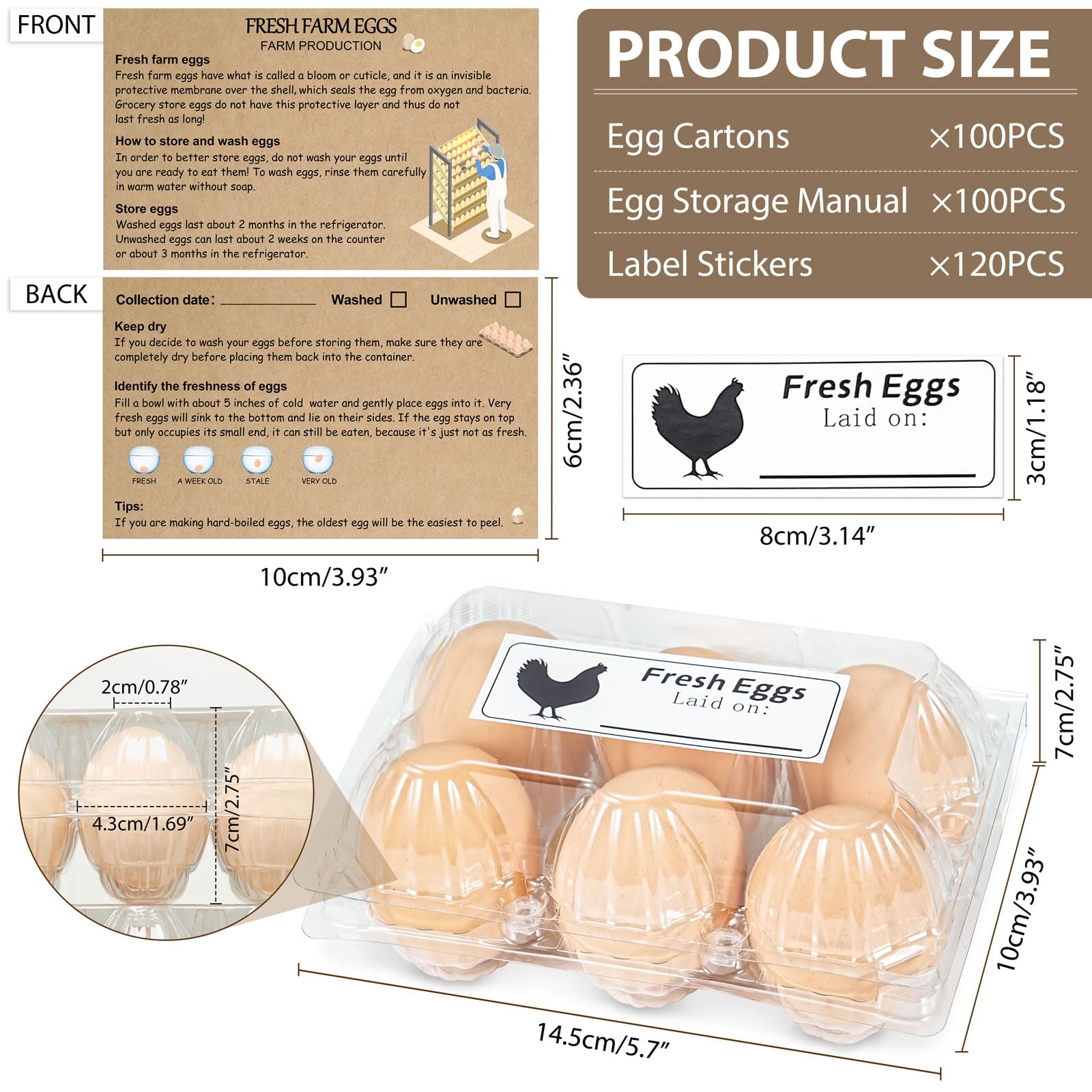 baflovga Egg Cartons Cheap Bulk 100 Pack, Eggs 6 Count, Plastic Egg Cartons Reusable with Egg Handling Instructions and Stickers, Half Dozen Eggs for Family, Chicken Farm, Market Display, 2x3Grids