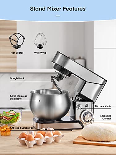 Stand Mixer FOHERE, 6-Speed Stainless Steel Mixer with Dough Hook, Mixing Beater, Wire Whip, Dishwasher-safe, Tilt-Head Kitchen Dough Mixers for Cake, 5.8 QT Electric Home Cooking Kitchen Mixer