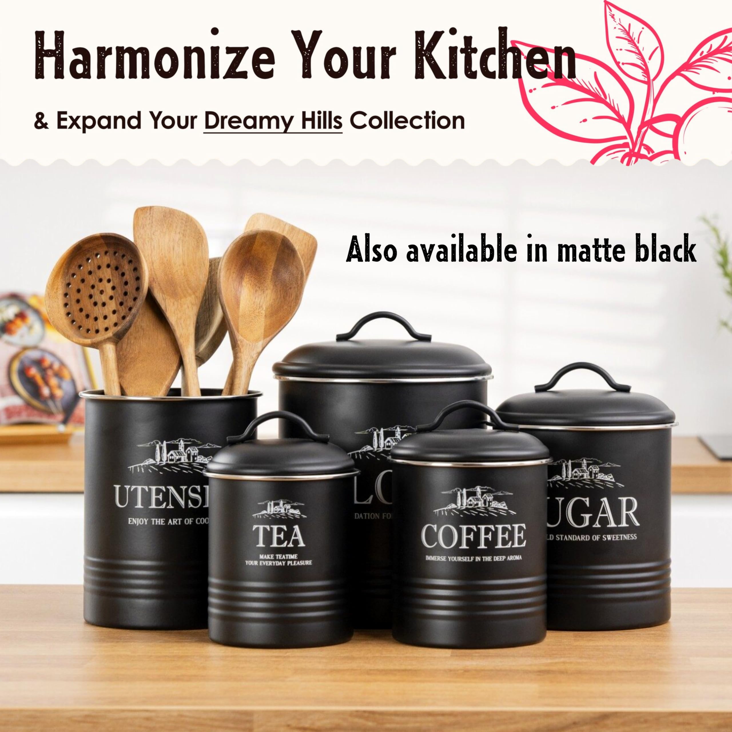 noonberry Set of 5 Canisters for Kitchen Counter, White Containers, Airtight Coffee Tea Flour Sugar Canisters Set & Utensil Holder for the Kitchen Countertop