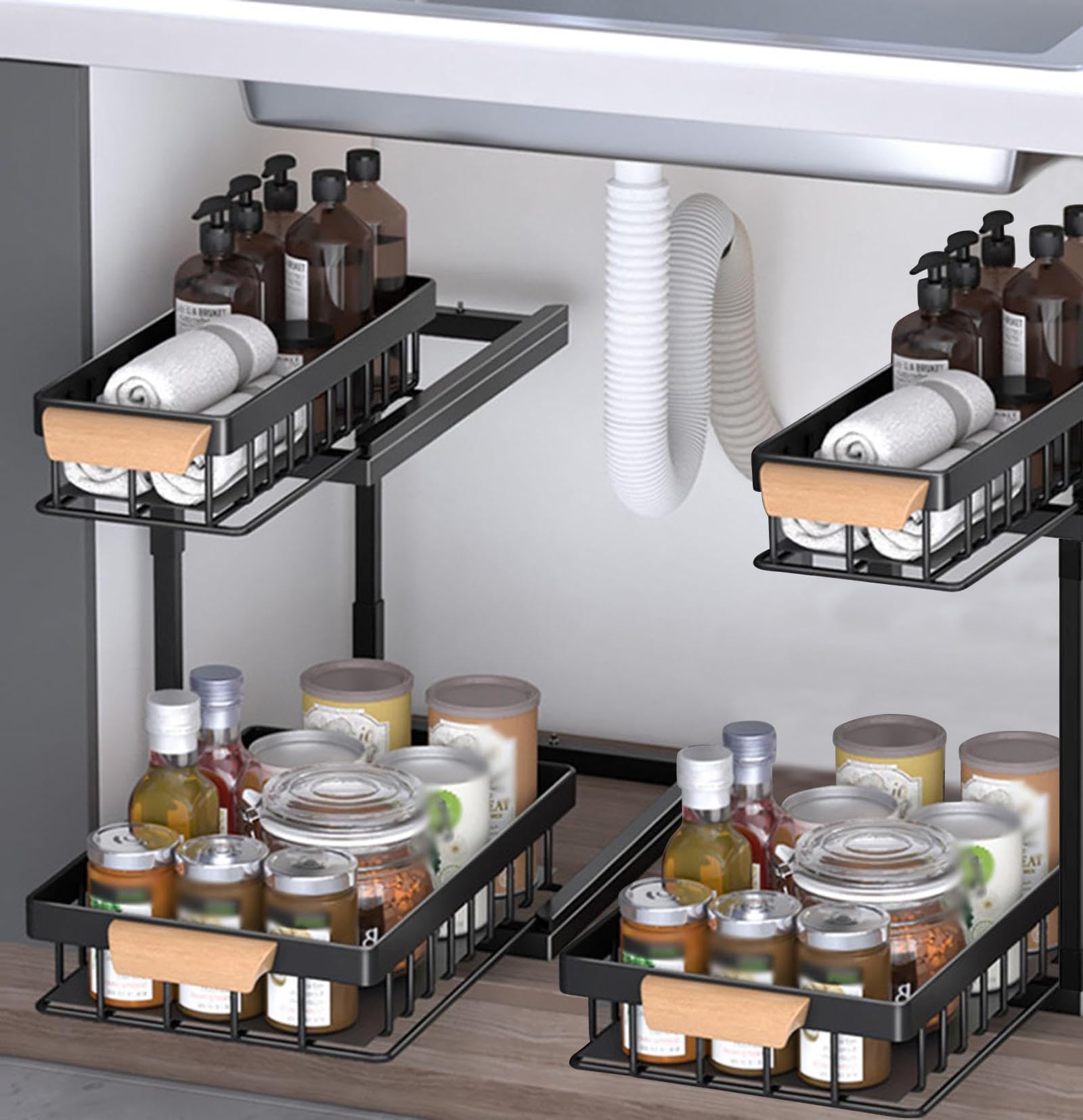 Under Sink Organizers, 2 Tier Pull Out Organizer and Storage, Upgraded Metal Storage Shelves with Sliding Basket, Cabinet or Countertop Organizer for Kitchen Bathroom (1 PC)