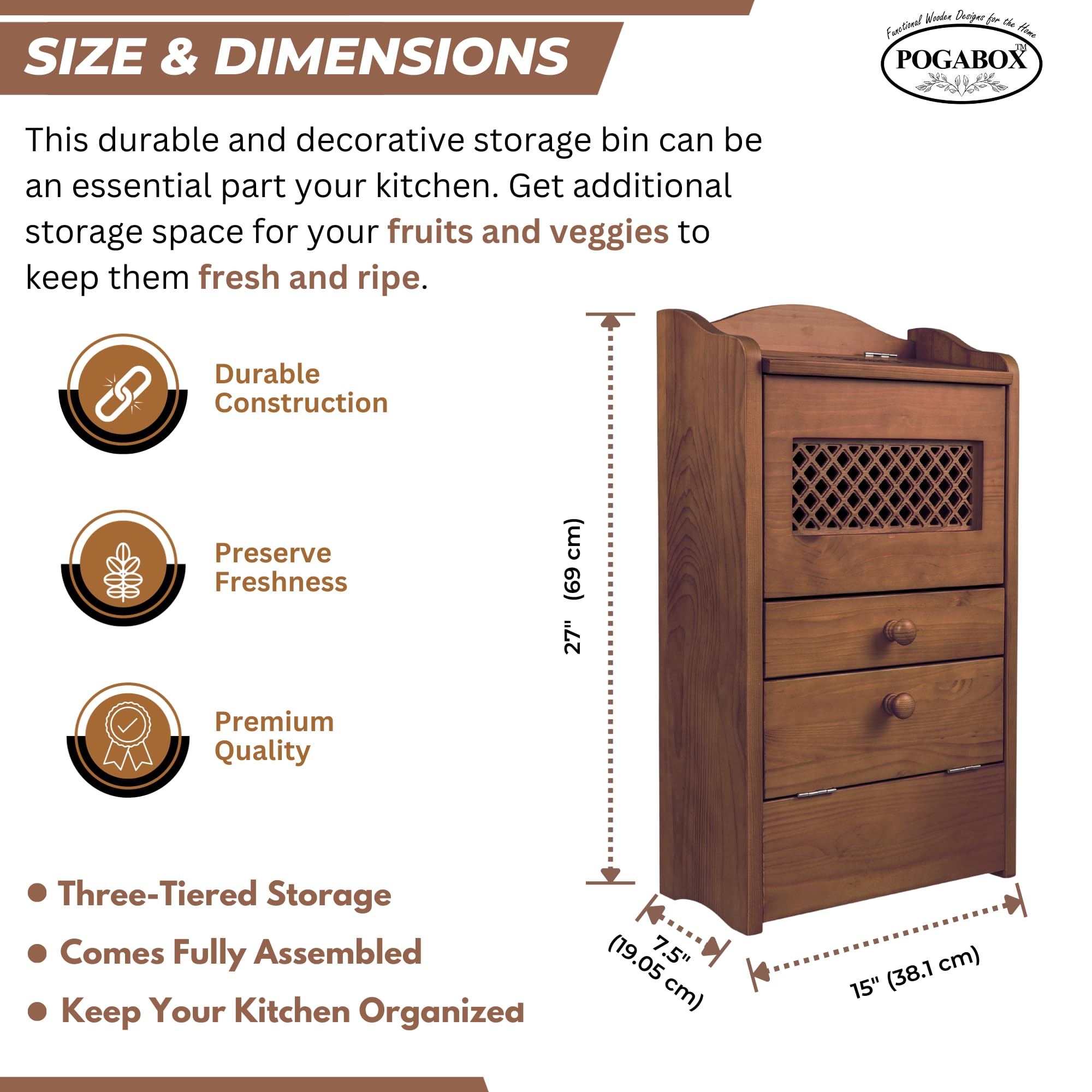 POGABOX Potato Onion & Garlic Storage Box - Vegetable Wooden Bin for Home and Kitchen, Classic Vegetables Organizer Garlic Keeper with Flip Top