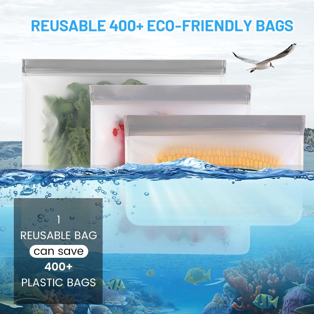 CIVJET 6 Pack Reusable Gallon Freezer Bags, Dishwasher Safe, BPA Free, Silicone, Zipper Closure, Red, Green, Food Storage
