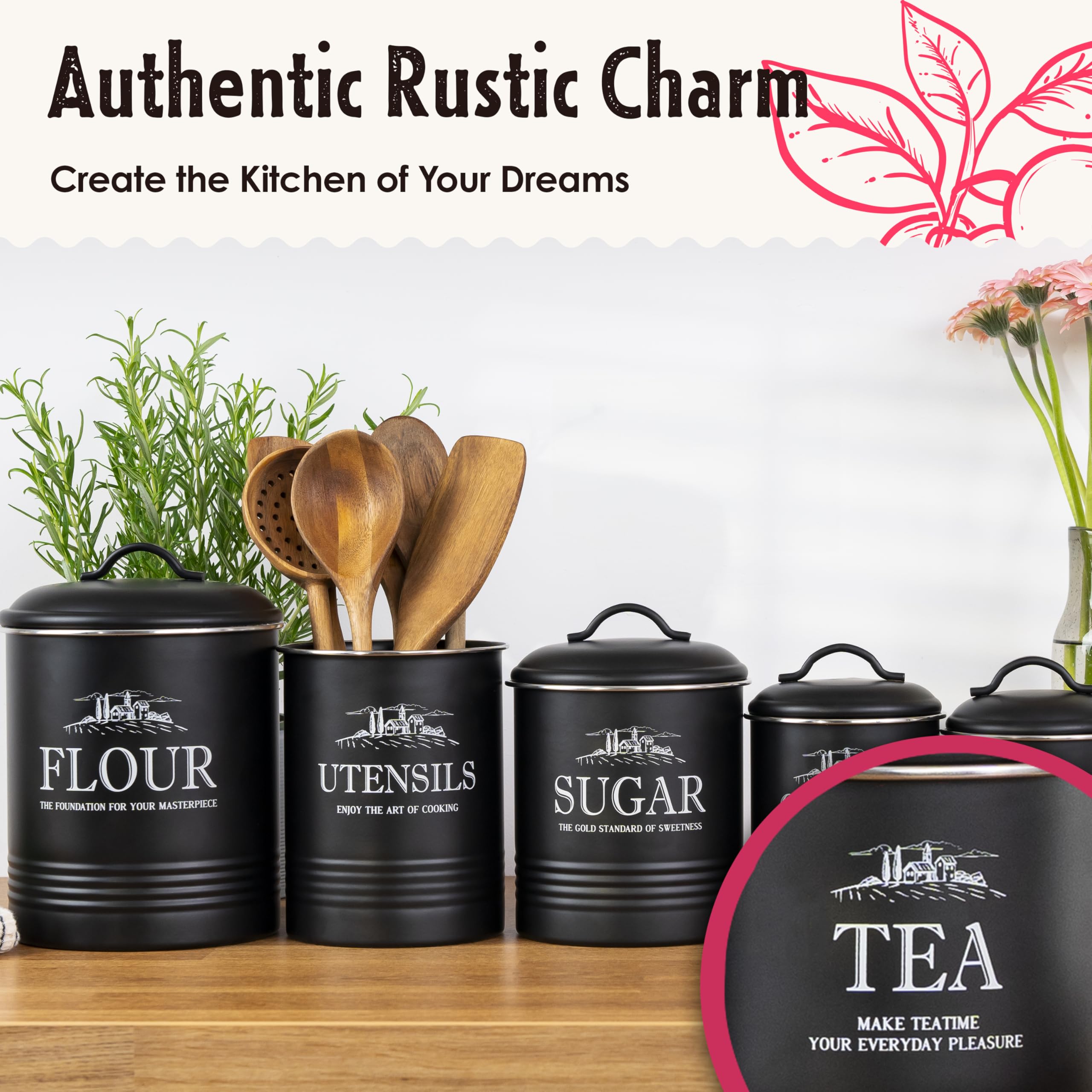 noonberry Black Canisters for Kitchen Counter, Set of 3 - Airtight Sugar and Flour Containers & Kitchen Utensil Holder, Rustic Farmhouse Canister Set for Kitchen Countertop
