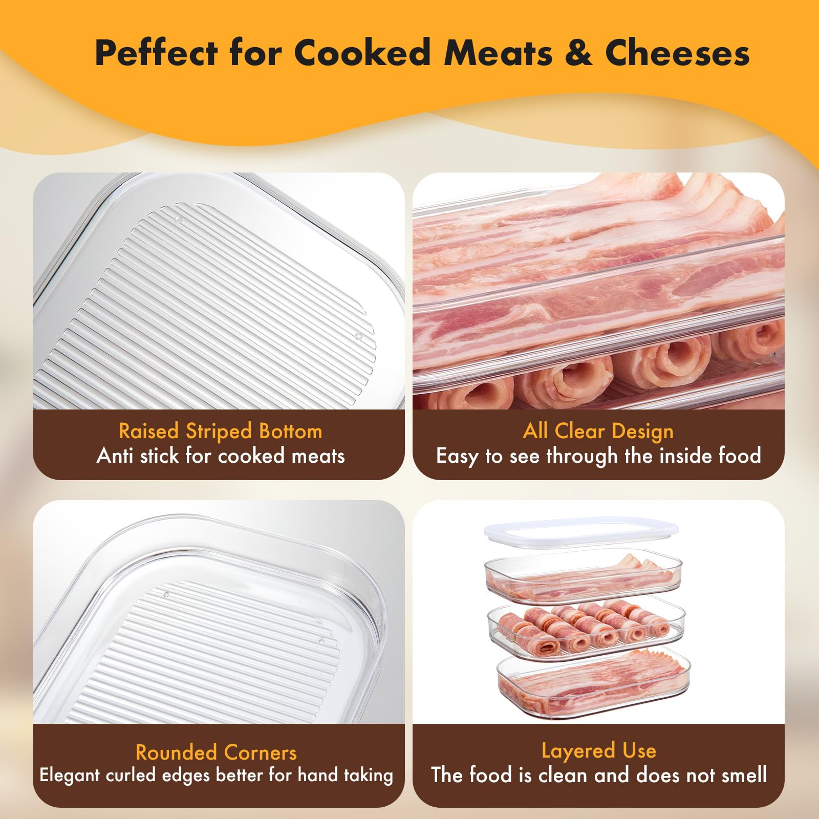 PARBEE Bacon Container for Fridge, 3 Layers Deli Meat Container, Stackable Cheese and Cold Cuts Holder Food Storage Box with Lid for Refrigerator