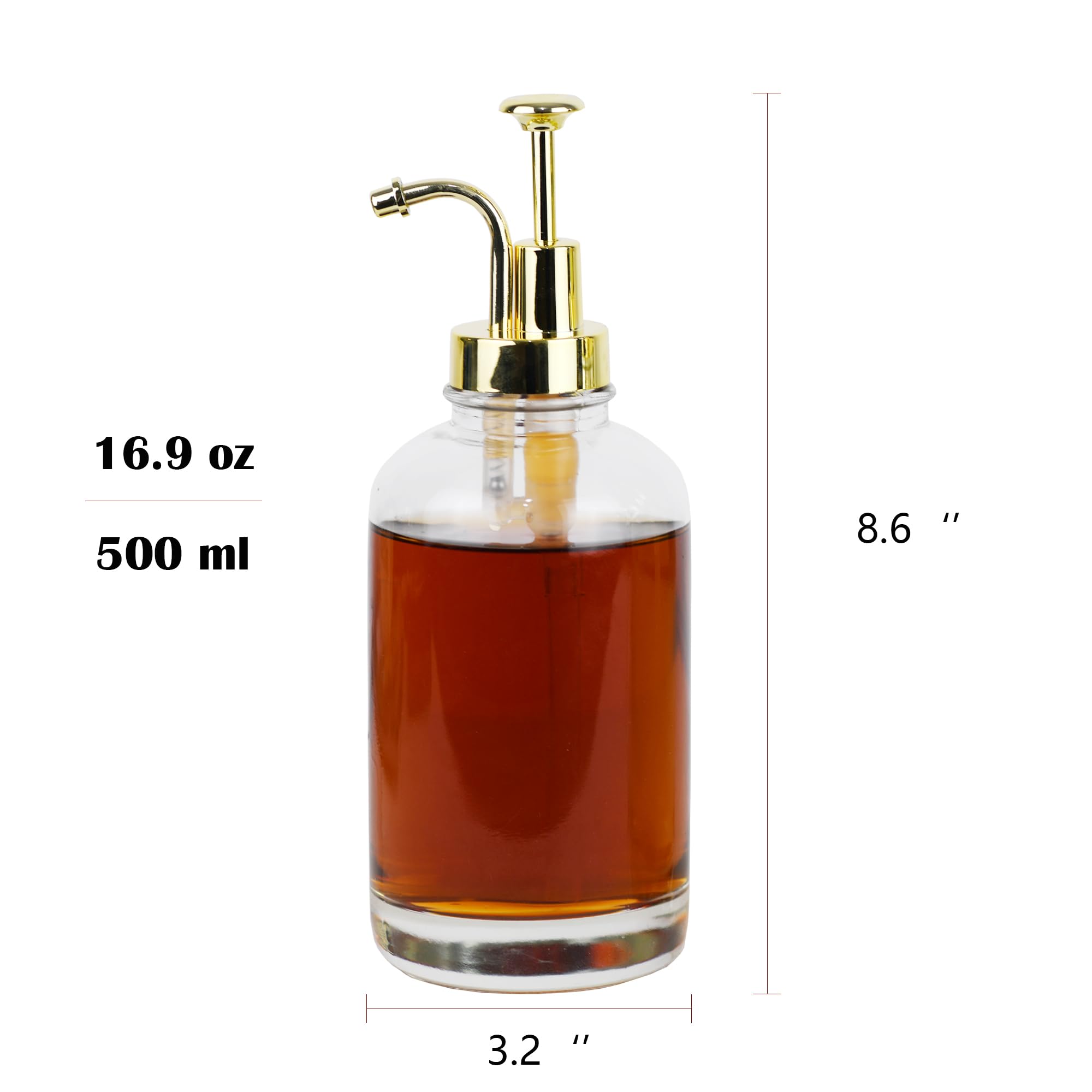 Hzxcuim 16.9 oz Syrup Dispenser with Pump, Syrup Bottle with Gold Pumps 2-Pack,Pump Glass Syrup Bottle, Coffee Syrup Dispenser for Coffee Bars (Gold-2pack)