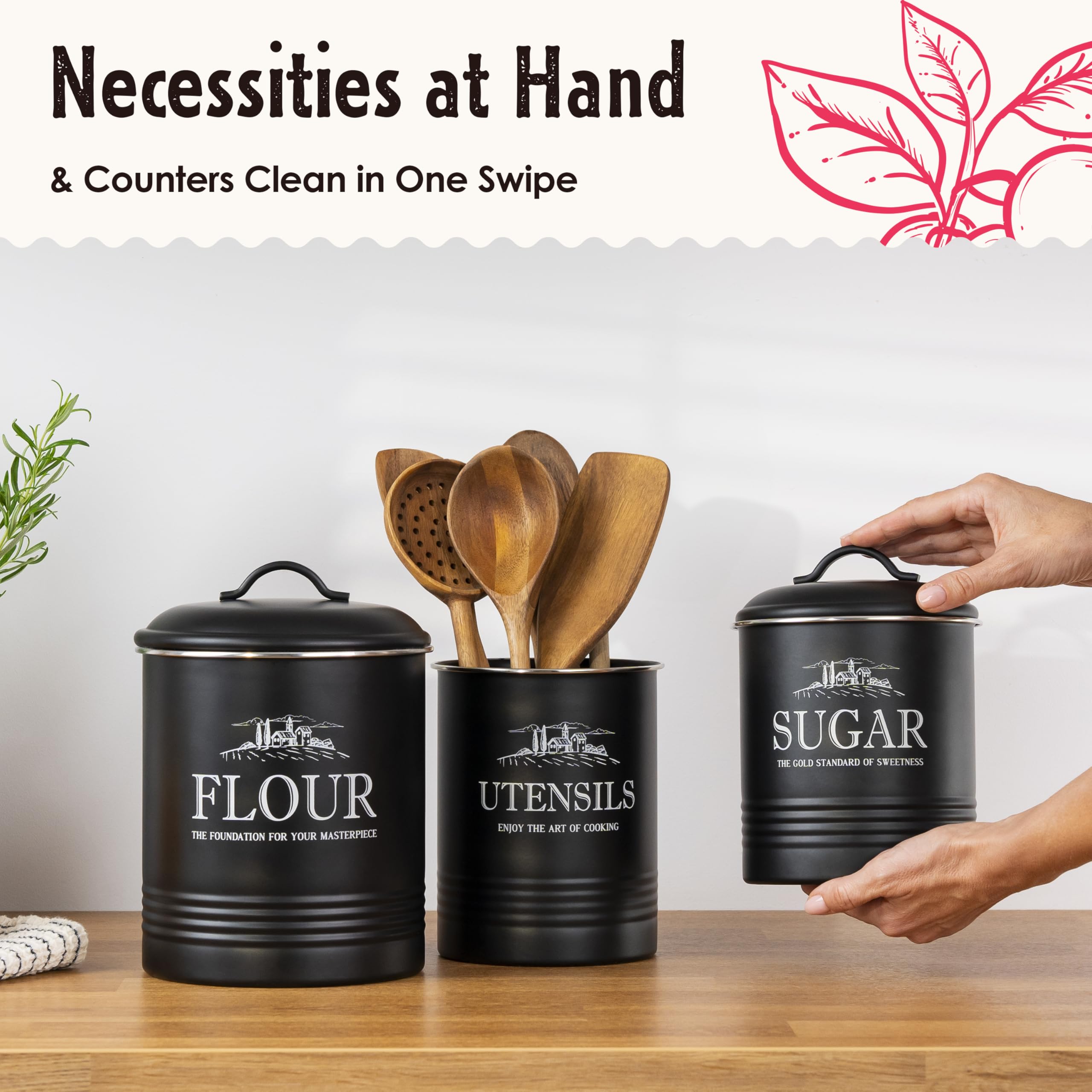 noonberry Black Canisters for Kitchen Counter, Set of 3 - Airtight Sugar and Flour Containers & Kitchen Utensil Holder, Rustic Farmhouse Canister Set for Kitchen Countertop