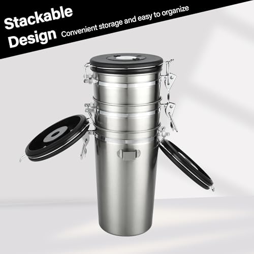 malmo 60oz/1.8L Food Containers 3-Piece, Airtight with Lid, Cups and Date Tracker Containers Set for Tea Coffee Beans Sugar Flour, Stainless Steel Kitchen Pantry Storage Counter, Silver