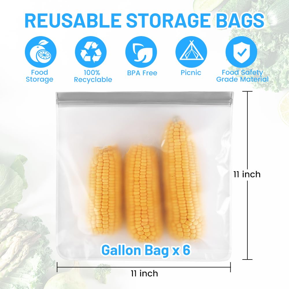 CIVJET 6 Pack Reusable Gallon Freezer Bags, Dishwasher Safe, BPA Free, Silicone, Zipper Closure, Red, Green, Food Storage