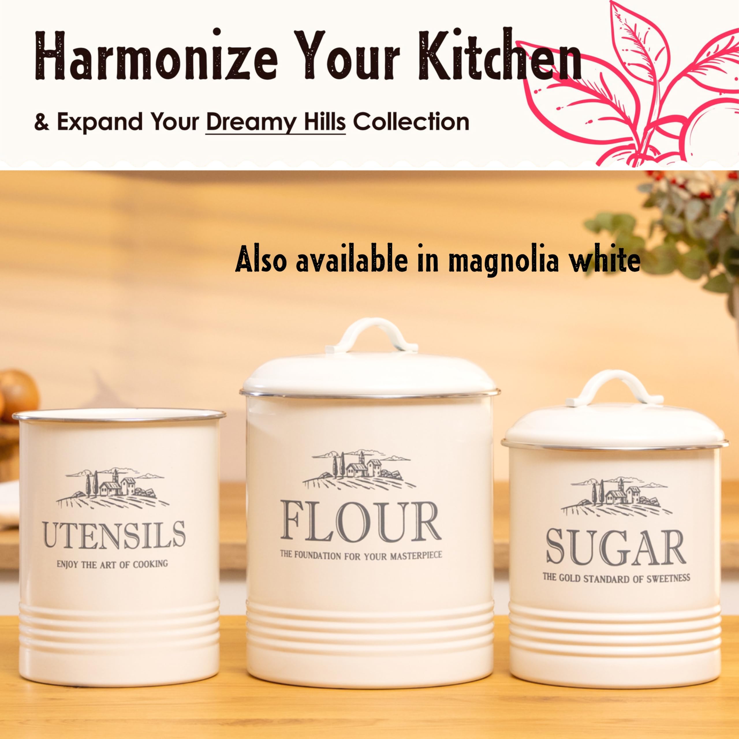 noonberry Black Canisters for Kitchen Counter, Set of 3 - Airtight Sugar and Flour Containers & Kitchen Utensil Holder, Rustic Farmhouse Canister Set for Kitchen Countertop